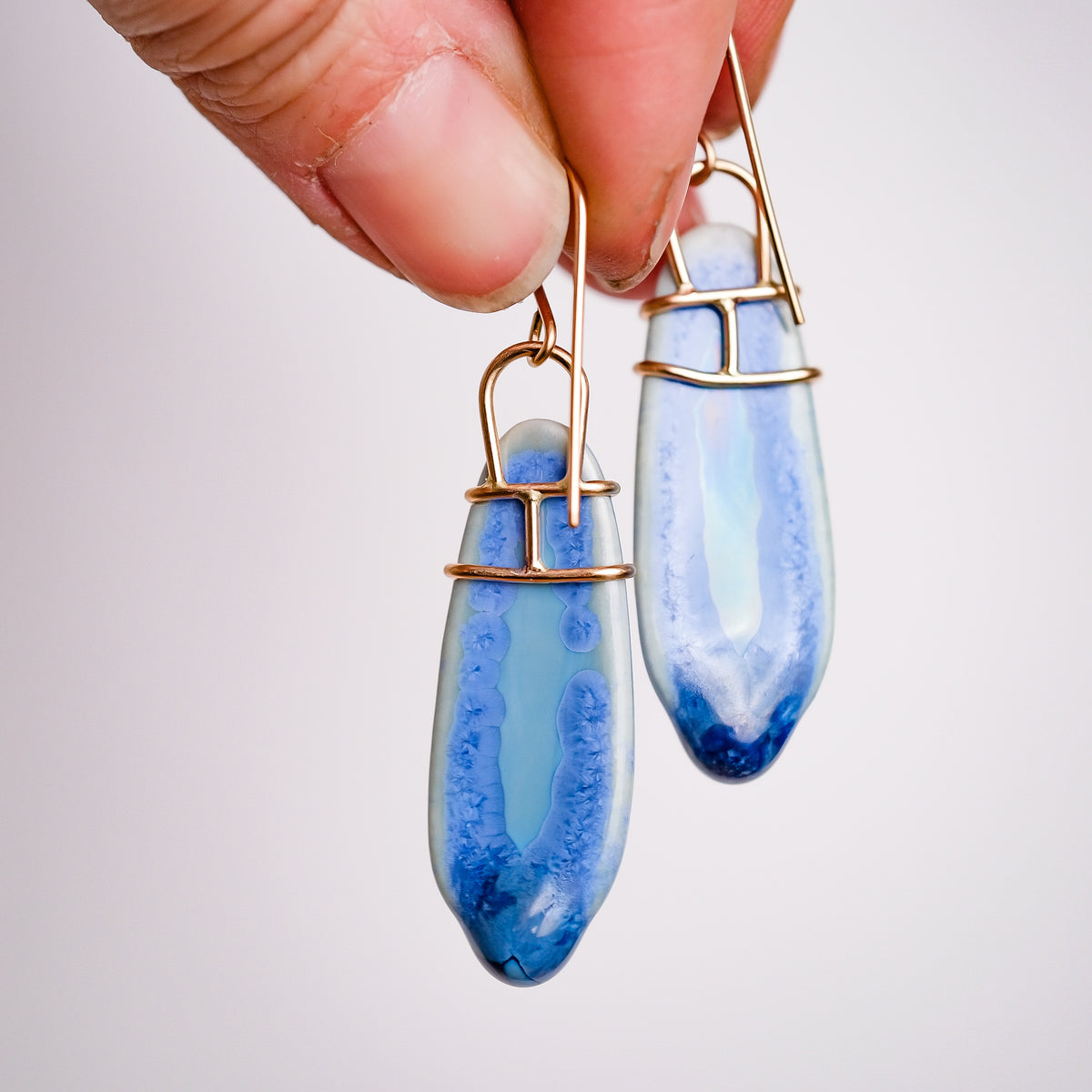 Blue Crystalline Gold Strap Earrings – Porcelain and Stone